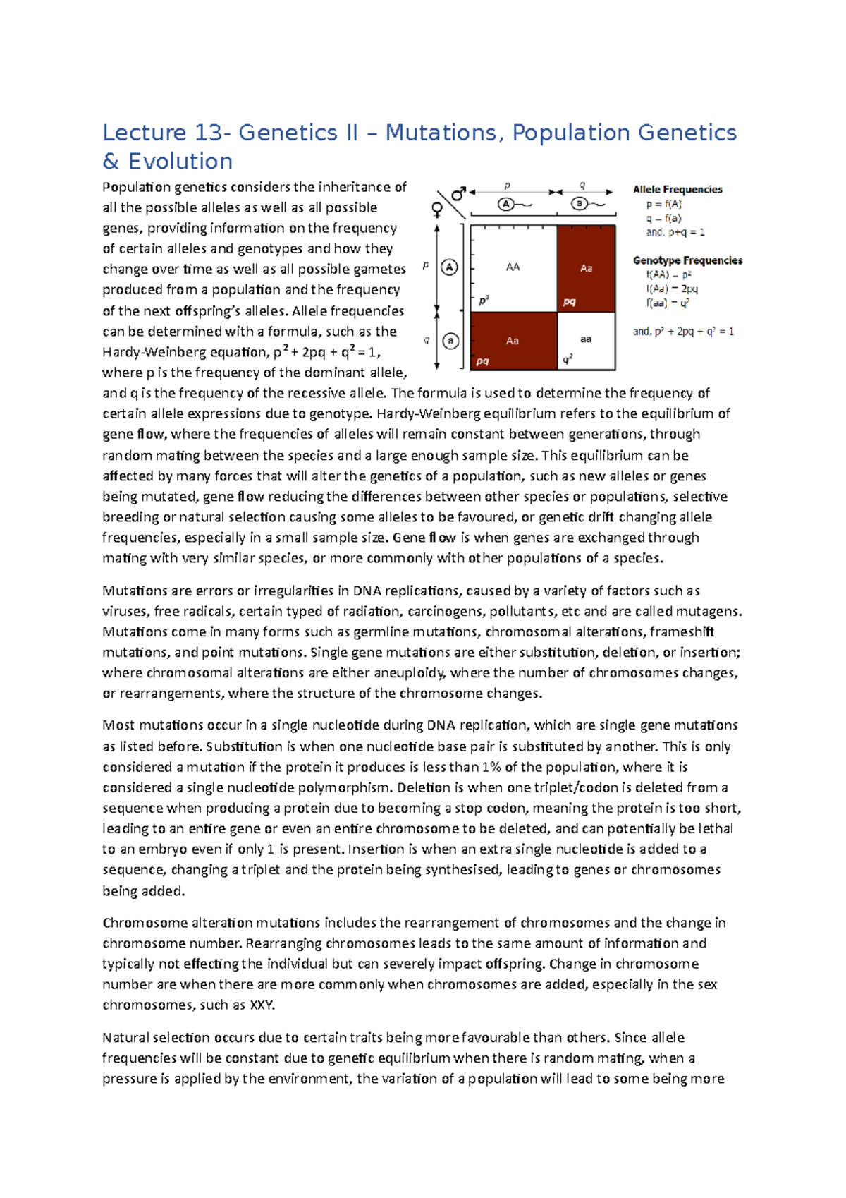 Lecture 13 - Lecture 13- Genetics II – Mutations, Population Genetics ...