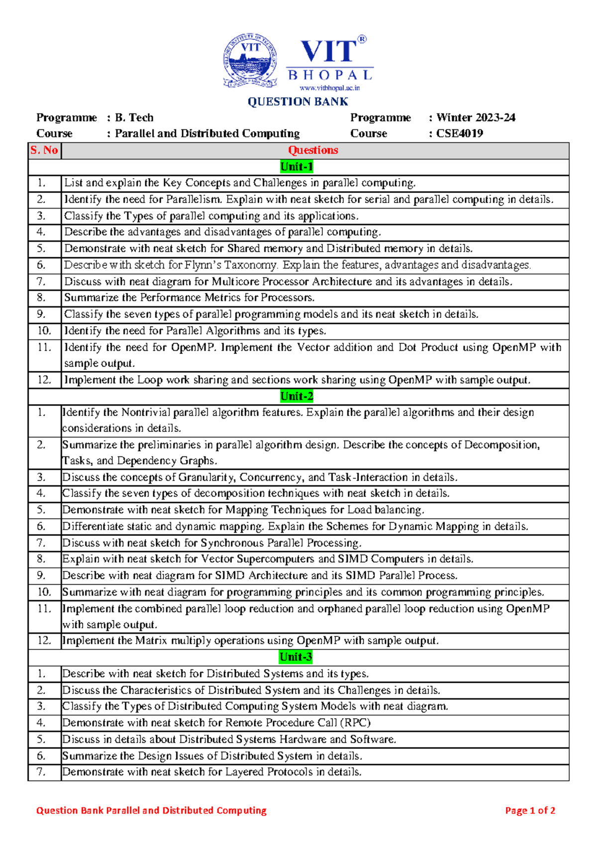 PDC - Qs Bank - final - important questions from each module - Question Bank Parallel and - Studocu