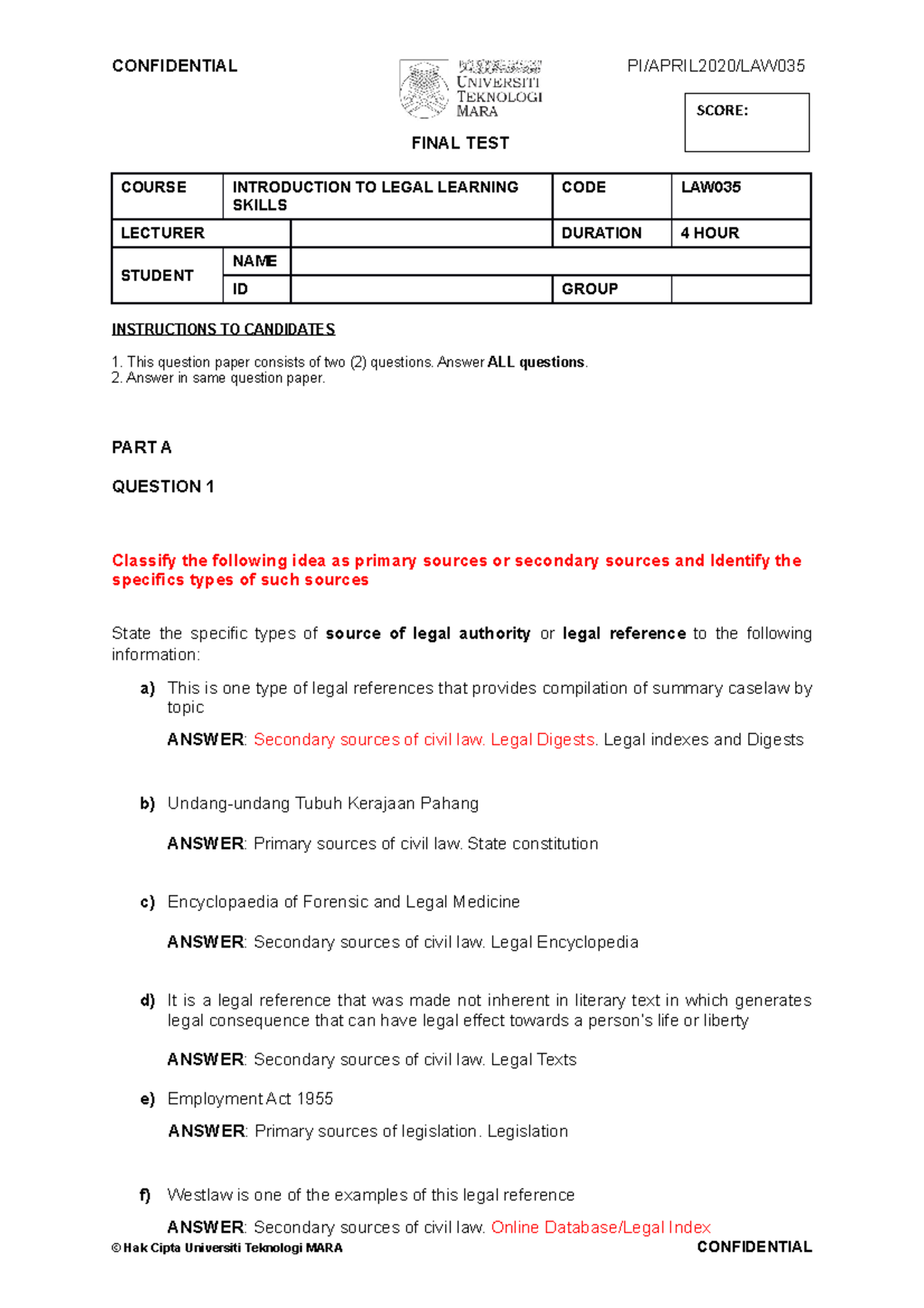 law035 past year finals april 2021 - FINAL TEST COURSE INTRODUCTION TO ...