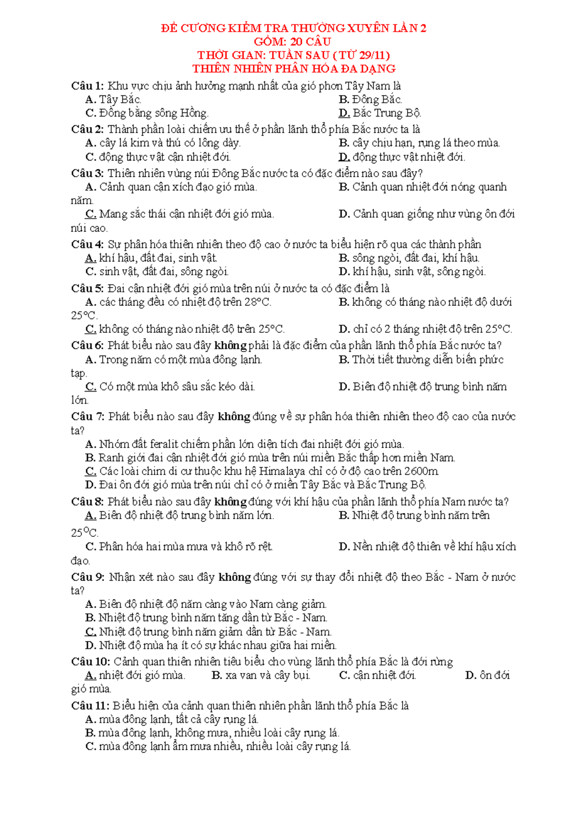 ĐỀ CƯƠNG KTRA THƯỜNG Xuyên LẦN 2 HKI - ĐỀ CƯƠNG KIỂM TRA THƯỜNG XUYÊN LẦN 2 GỒM: 20 CÂU THỜI ...