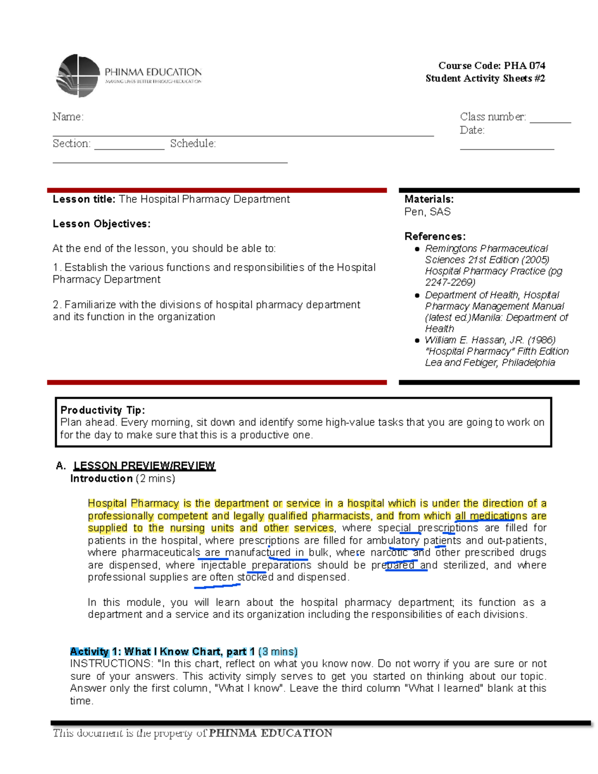 PHA 074 Student Activity Sheets 2 - Student Activity Sheets # Name ...