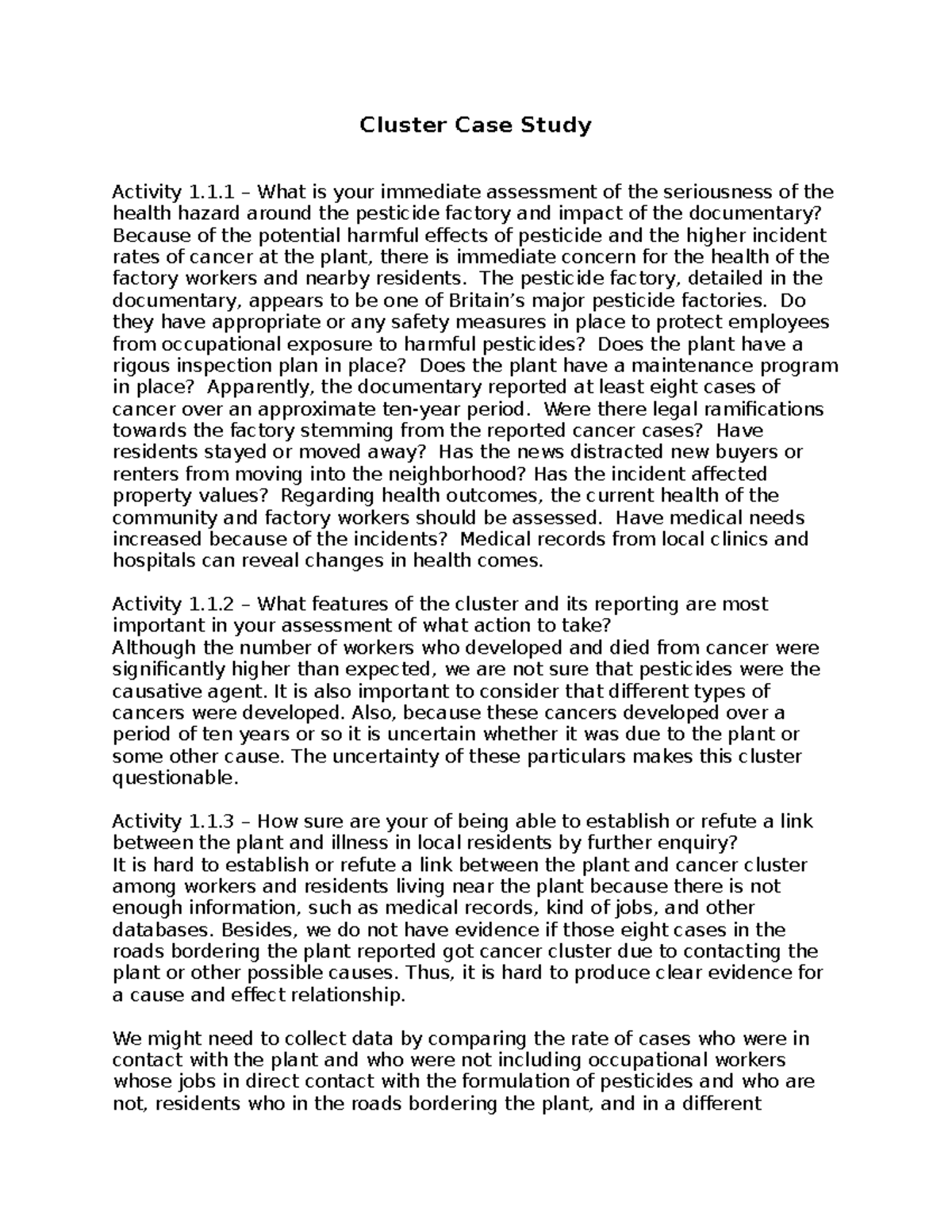 Cluster Case Study - Cluster Case Study Activity 1.1 – What is your ...
