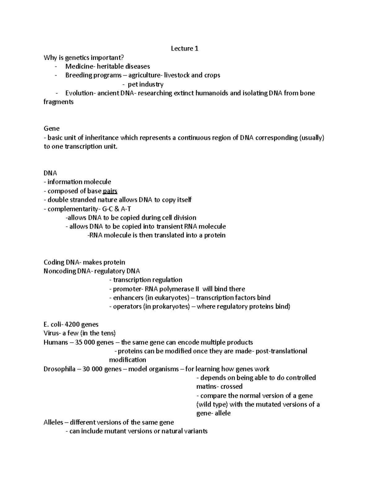 Genetics and Molecular biology notes - Lecture 1 Why is genetics ...