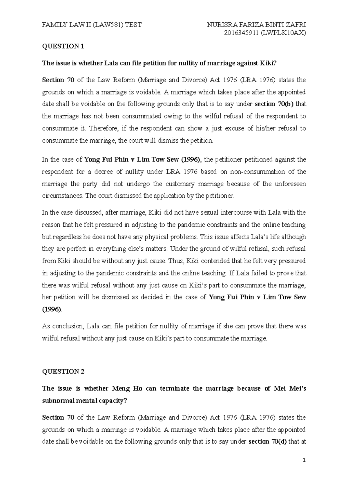 Family Law 2 Test (2016 345911) - 2016345911 (LWPLK10AX) QUESTION 1 The ...