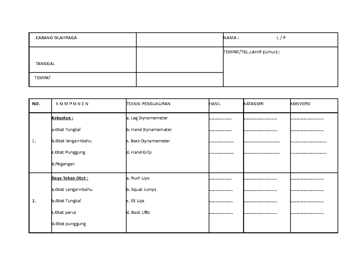 Norma Tes Kebugaran - CABANG OLAHRAGA NAMA : L / P TANGGAL TEMPAT/TGL ...