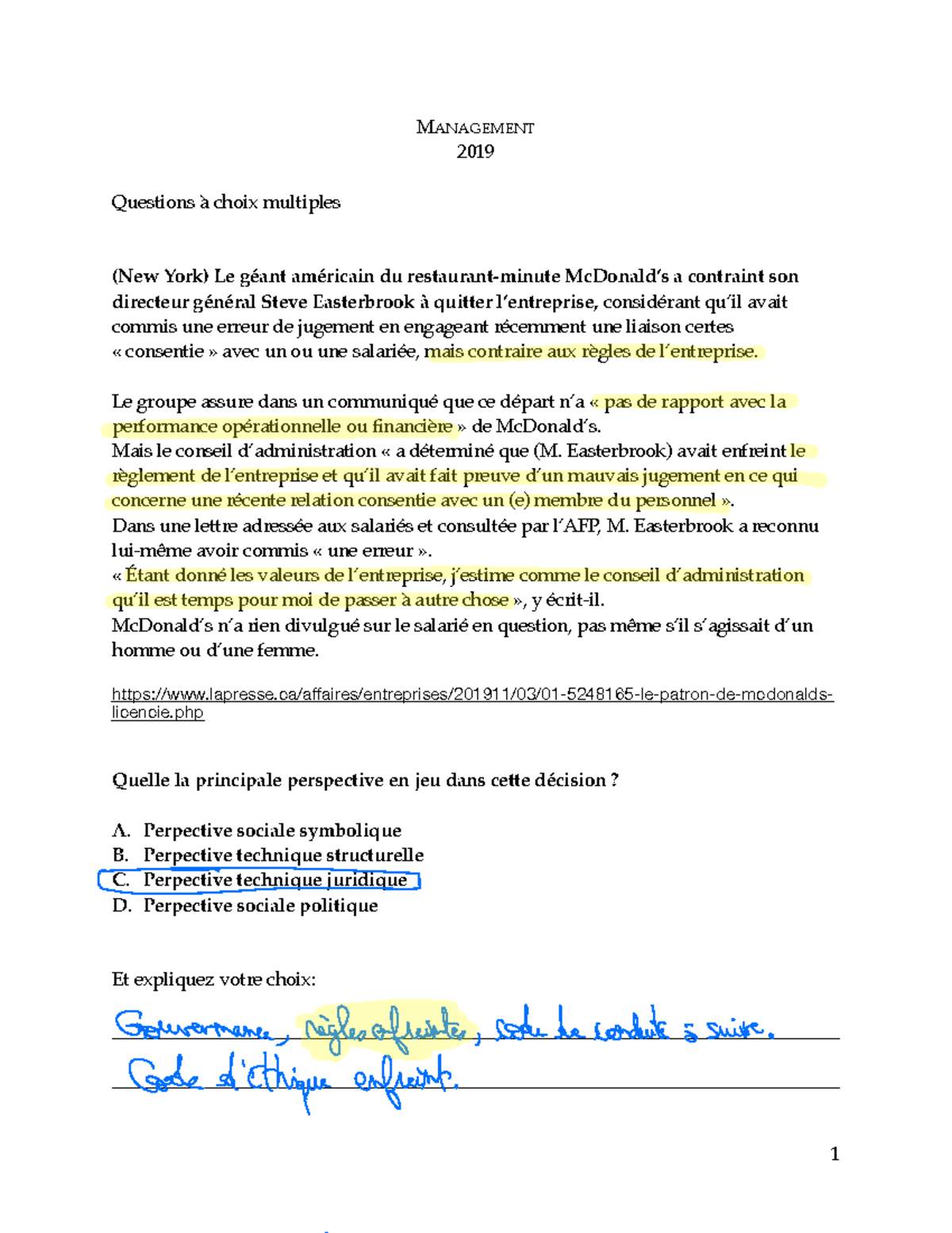 Qcm management pratique - MANAGEMENT 2019 Questions à choix multiples ...