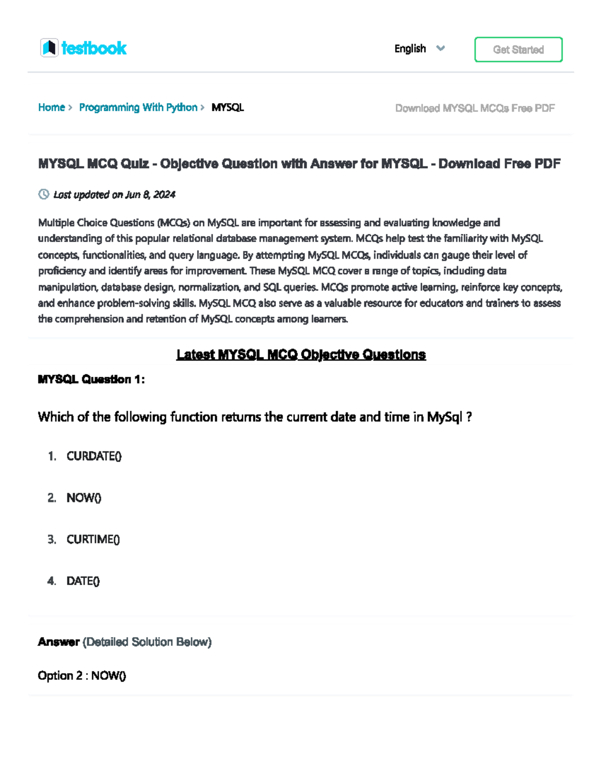 Mysql quiz question practice - testbook English Get Started Home ...