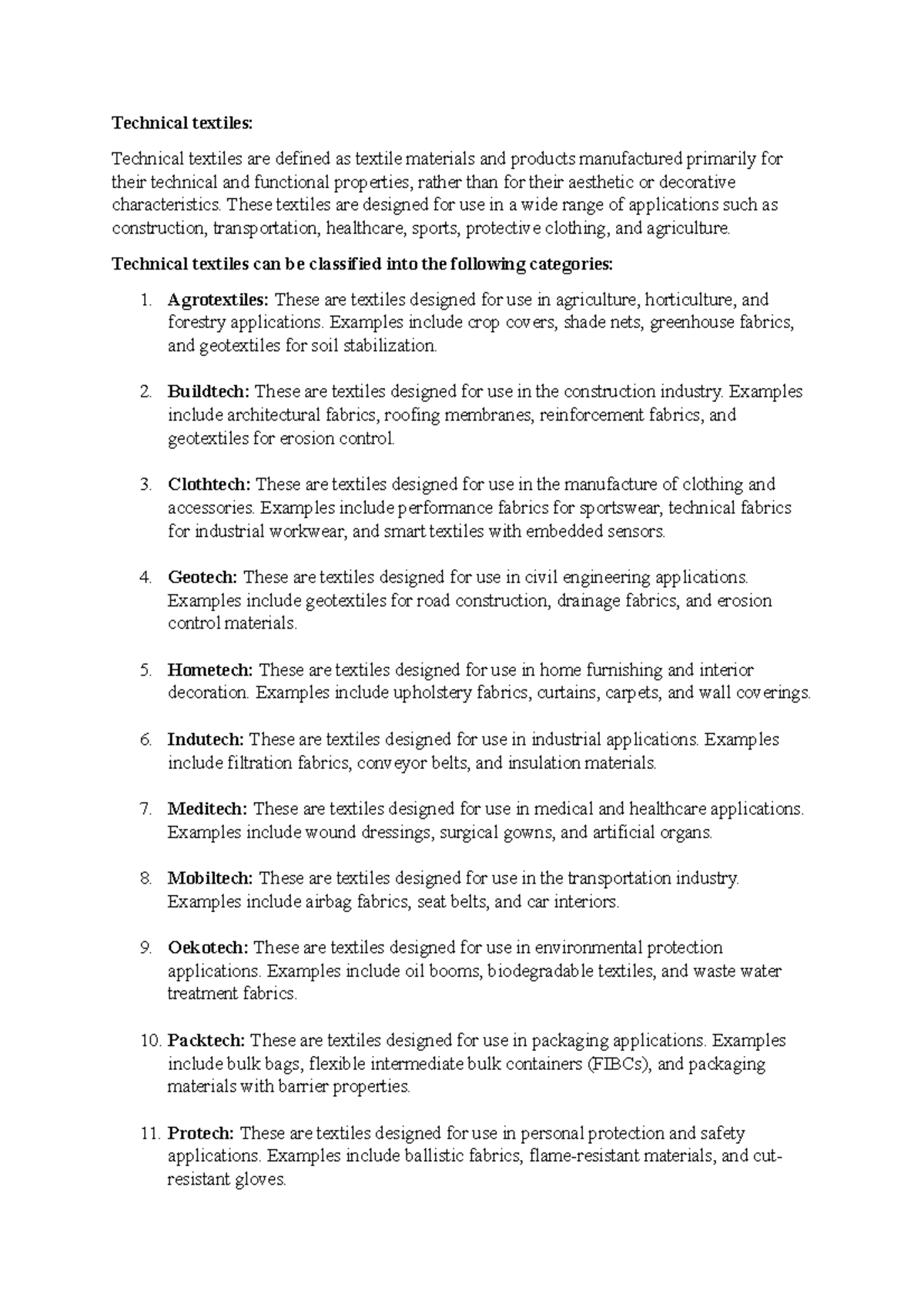 TFT exam - Technical and functional textile notes - Technical textiles ...