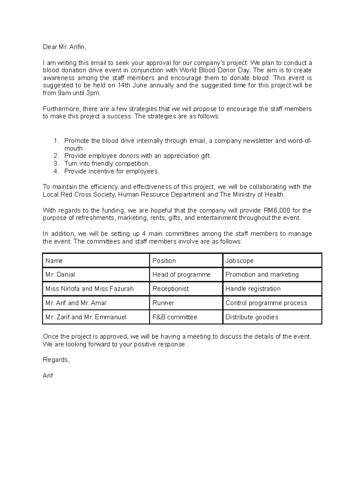 Email for observation - Dear Mr. Arifin, I am writing this email to ...