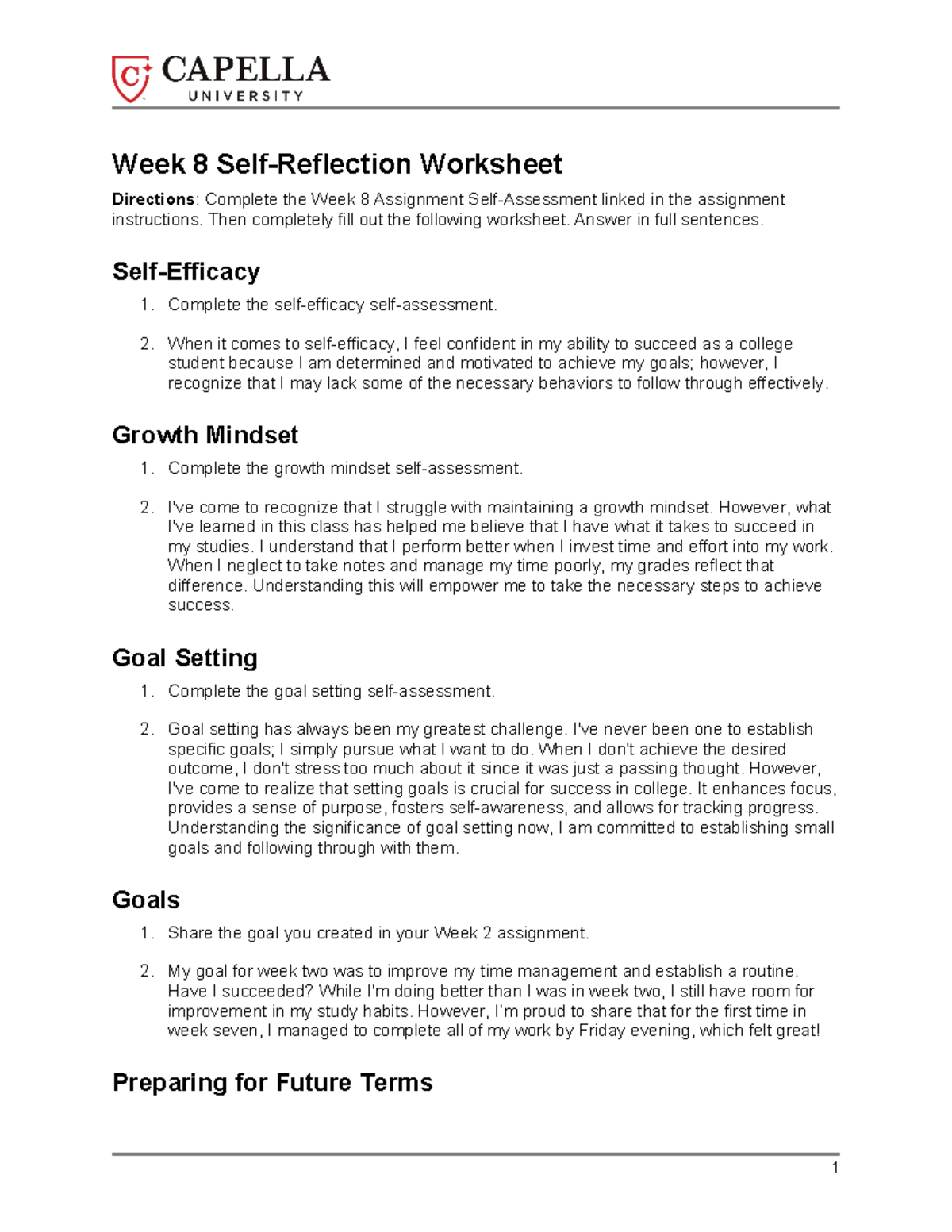 Cf week 8 self reflection - Week 8 Self-Reflection Worksheet Directions ...