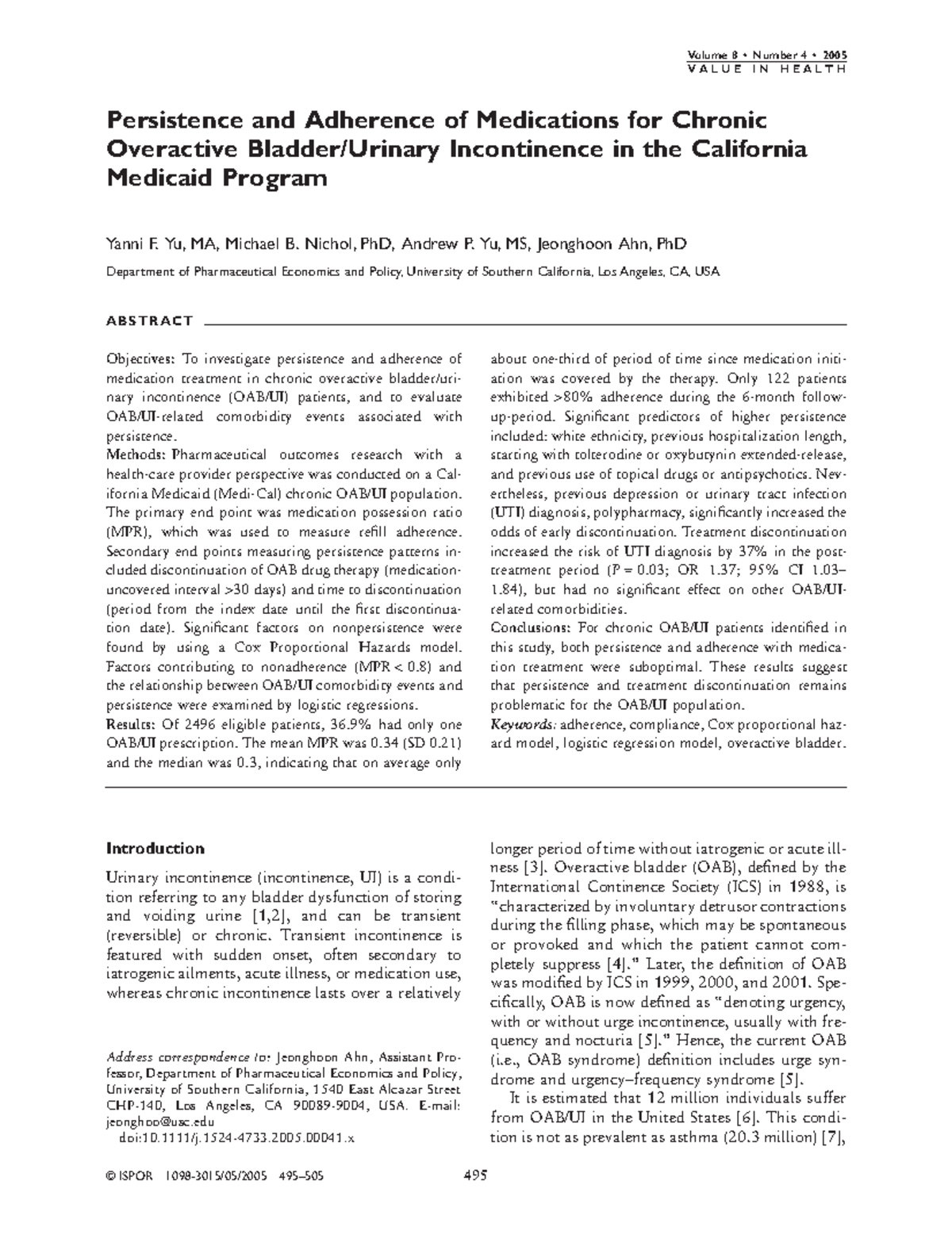 Persistence and Adherence of Medications - Volume 8 • Number 4 • 2005 V ...
