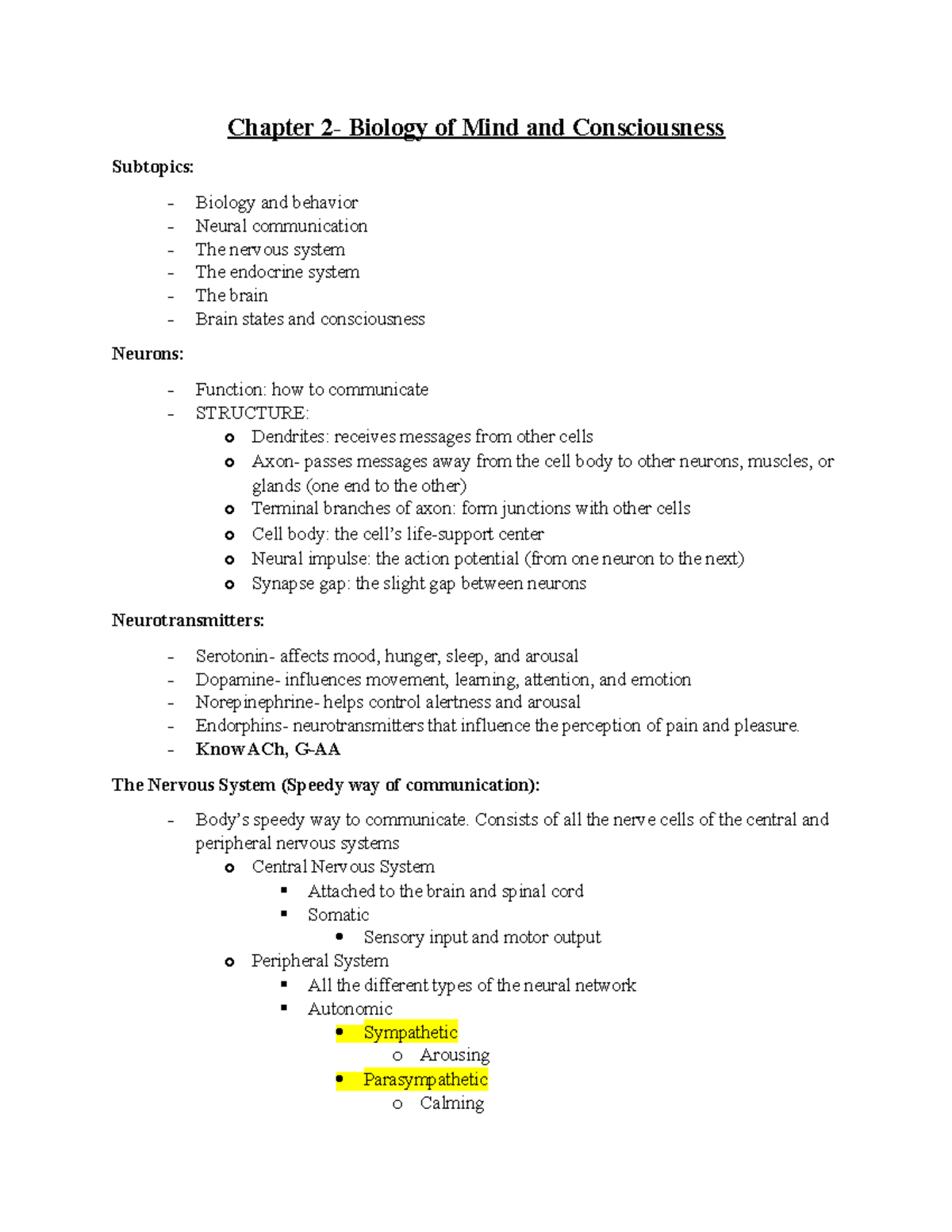 Biology of Mind and Consciousness - Studocu