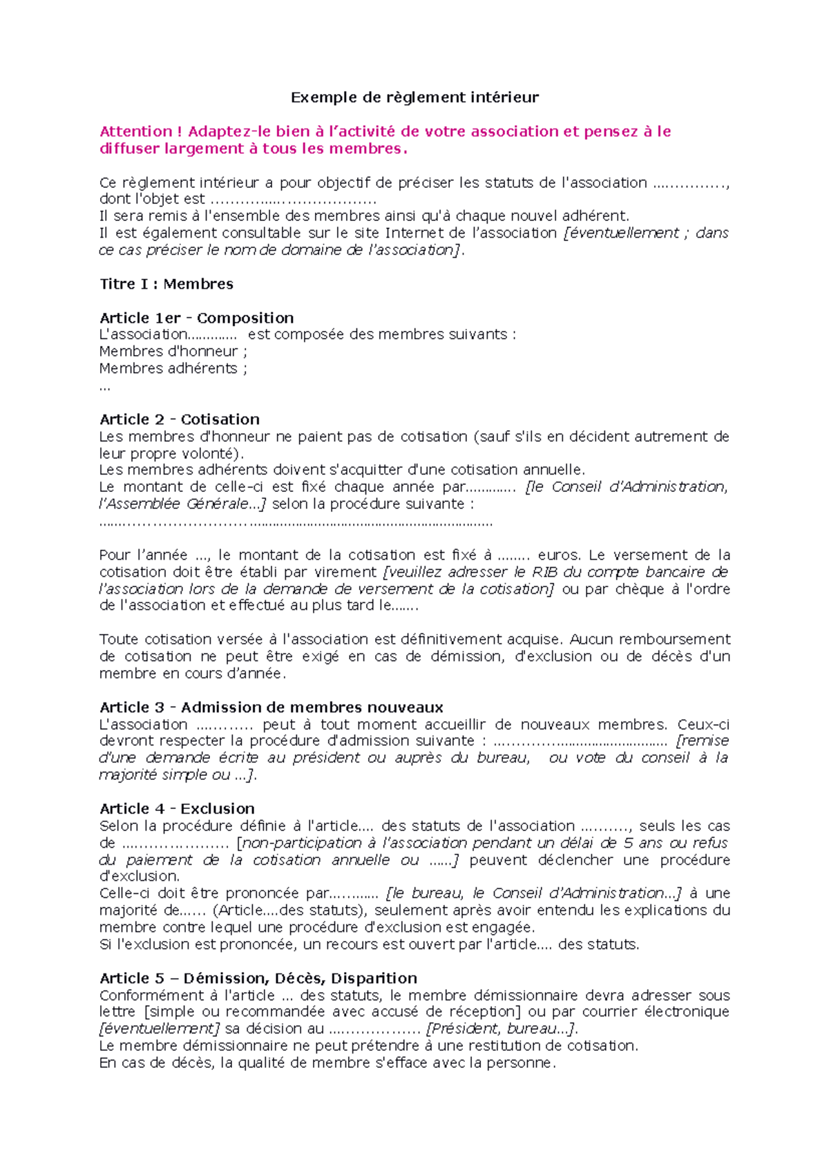Modele document reglement interieur - Exemple de règlement intérieur ...