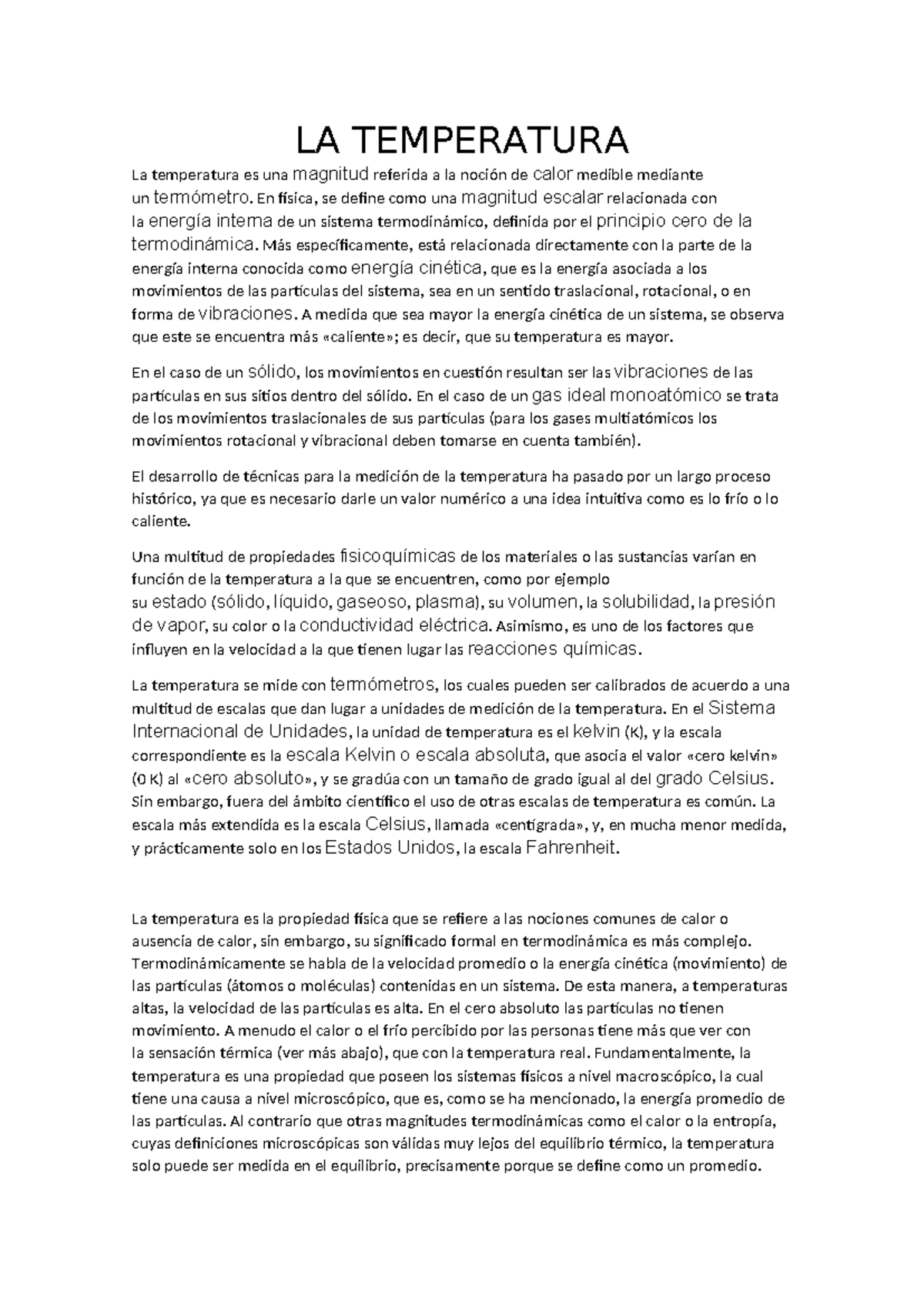 LA Temperatura - apuntes - LA TEMPERATURA La temperatura es una ...