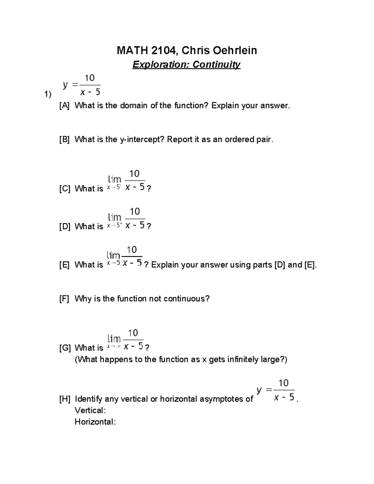 Continuity exploration of rational functions - MATH 2104, Chris ...