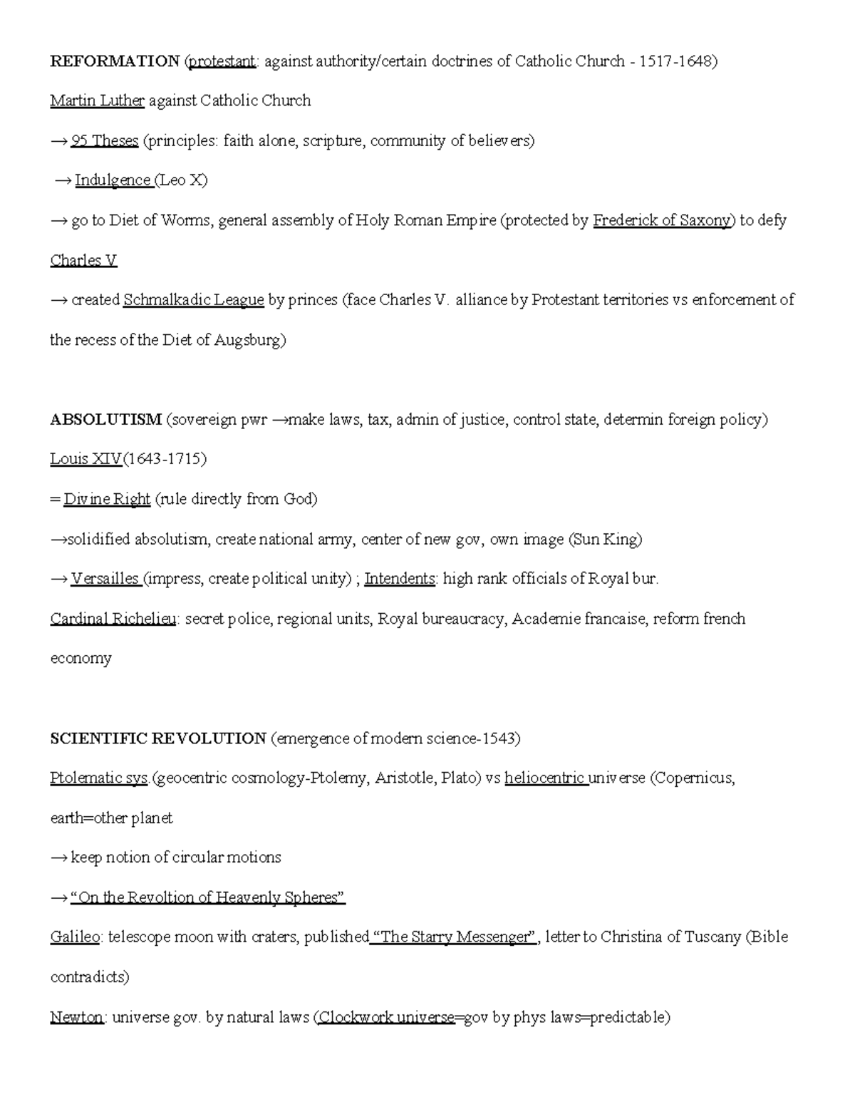 A cheat sheet for the the lecture notes - REFORMATION ( protestant ...