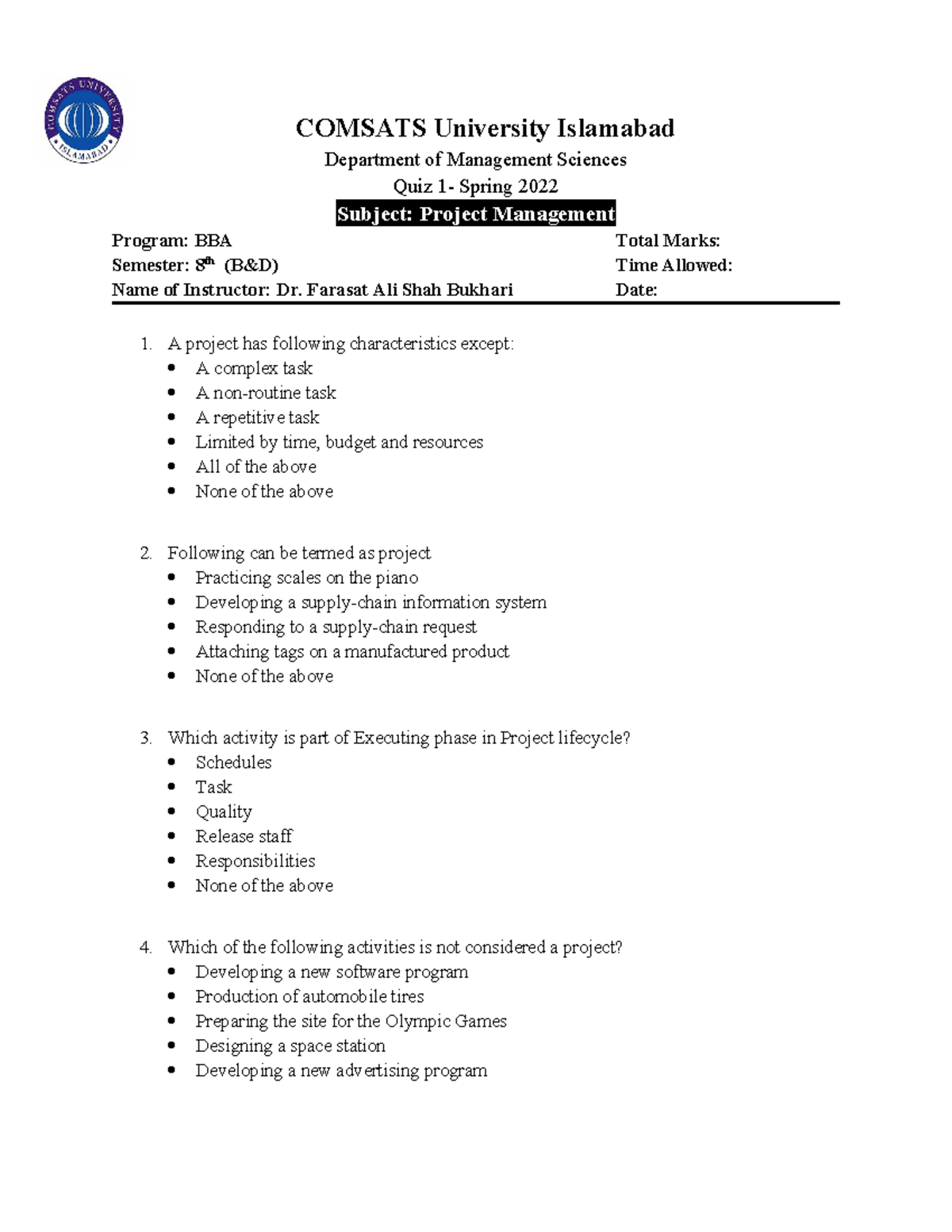 Project Management - Quiz 1 - COMSATS University Islamabad Department ...