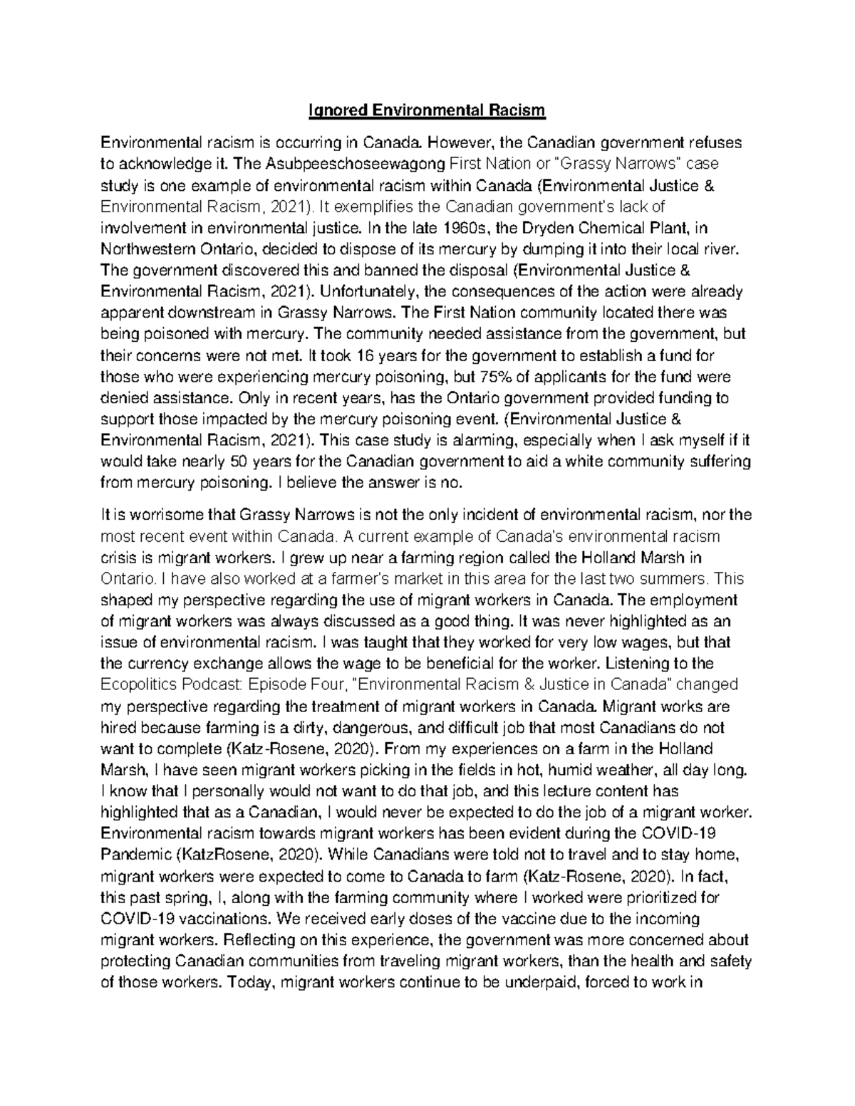 Environmental Justice Reflection Example 2 - Ignored Environmental ...