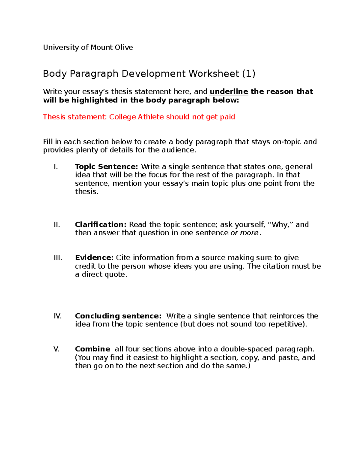 Body Paragrapgh Activity - University of Mount Olive Body Paragraph ...