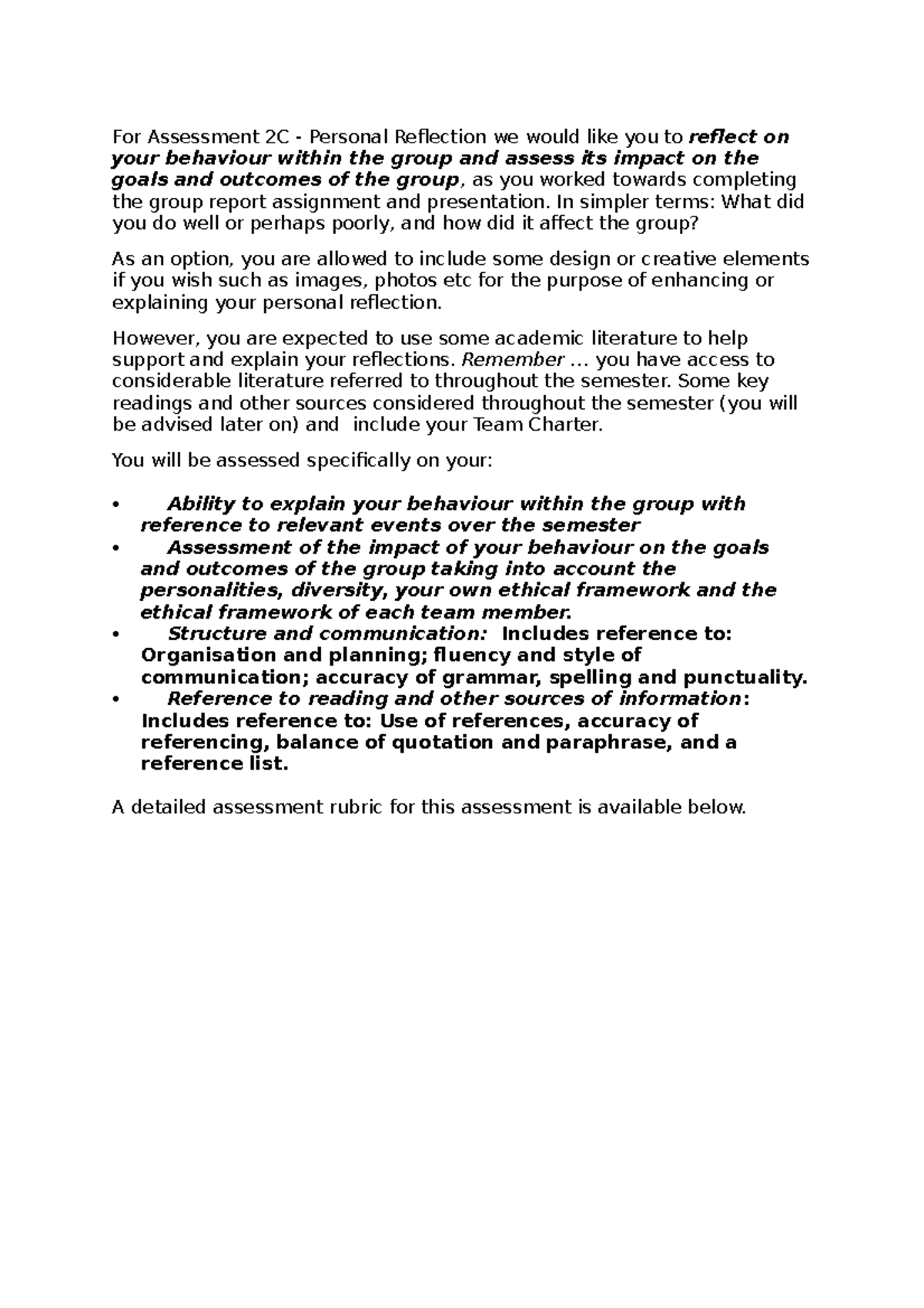 2C Reflection - For Assessment 2C - Personal Reflection we would like ...