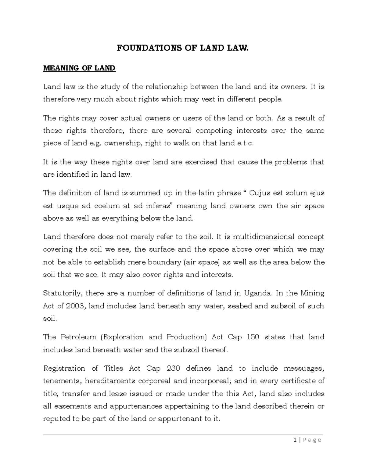 Land Law I Class Notes. Compiled - FOUNDATIONS OF LAND LAW. MEANING OF ...
