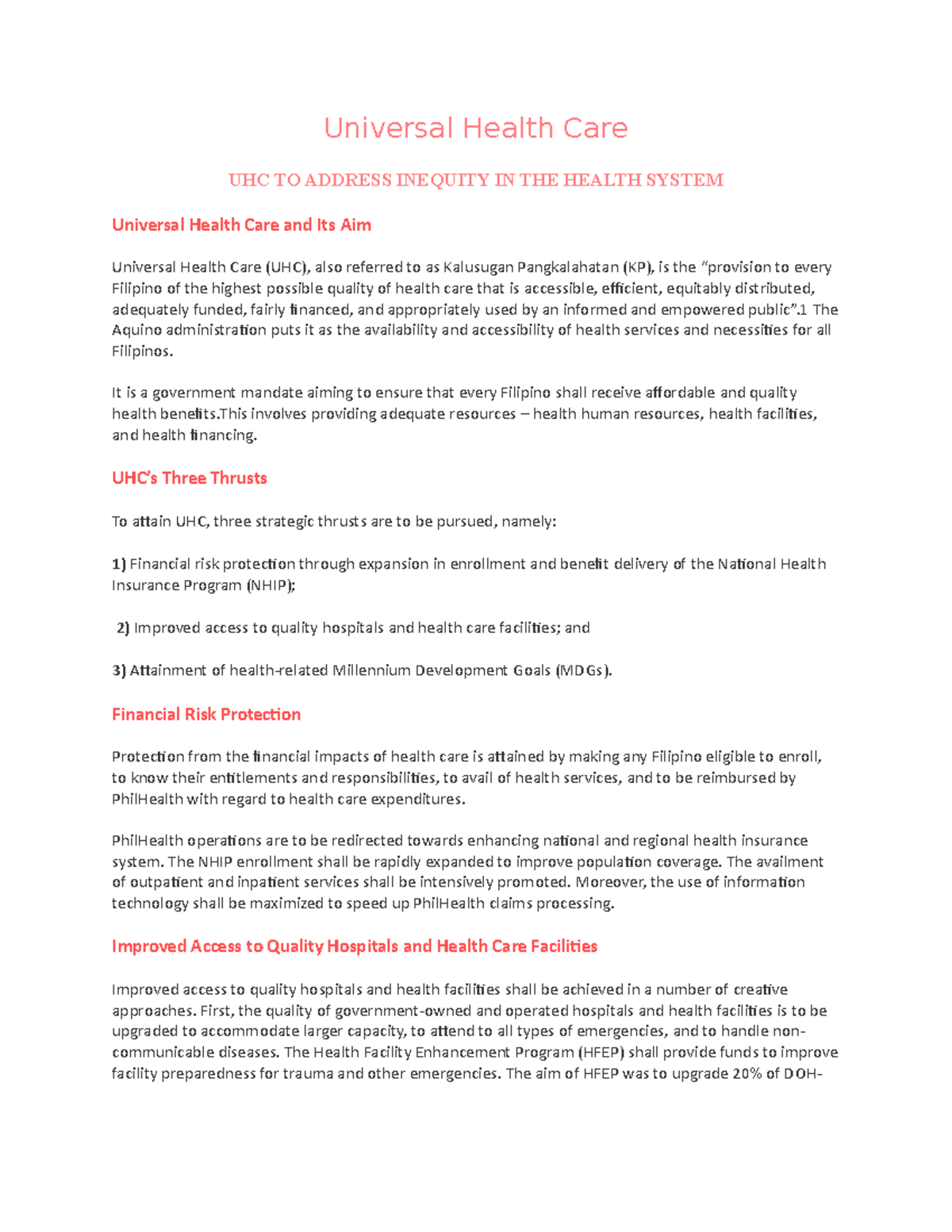 Universal Health Care - Lecture notes 1 - Universal Health Care UHC TO ...