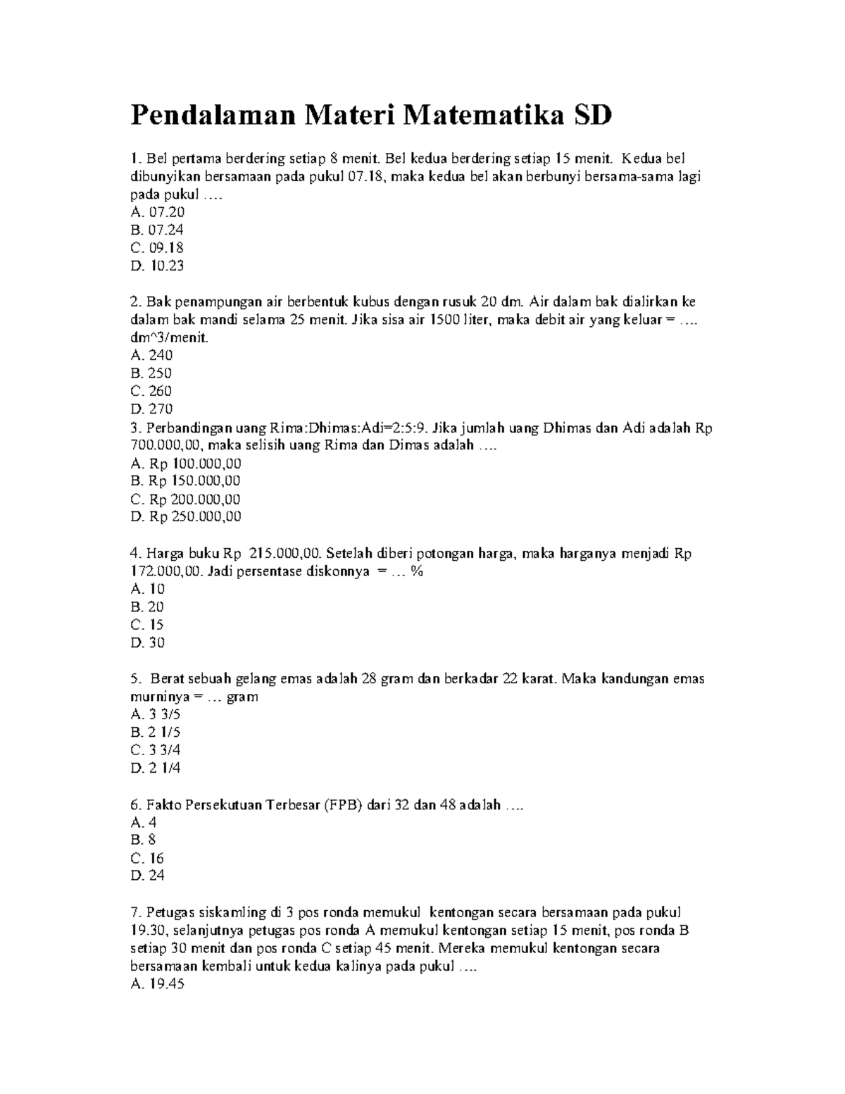 Pendalaman materi matematika sd - - Studocu