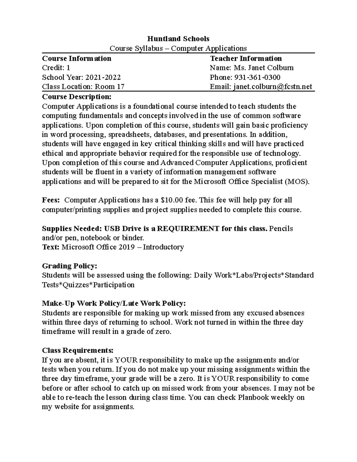 2021-2022 Computer Apps Syllabus - Huntland Schools Course Syllabus ...