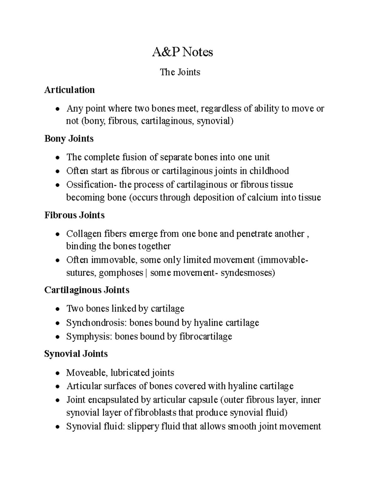 Joint notes - A&P Notes The Joints Articulation Any point where two ...