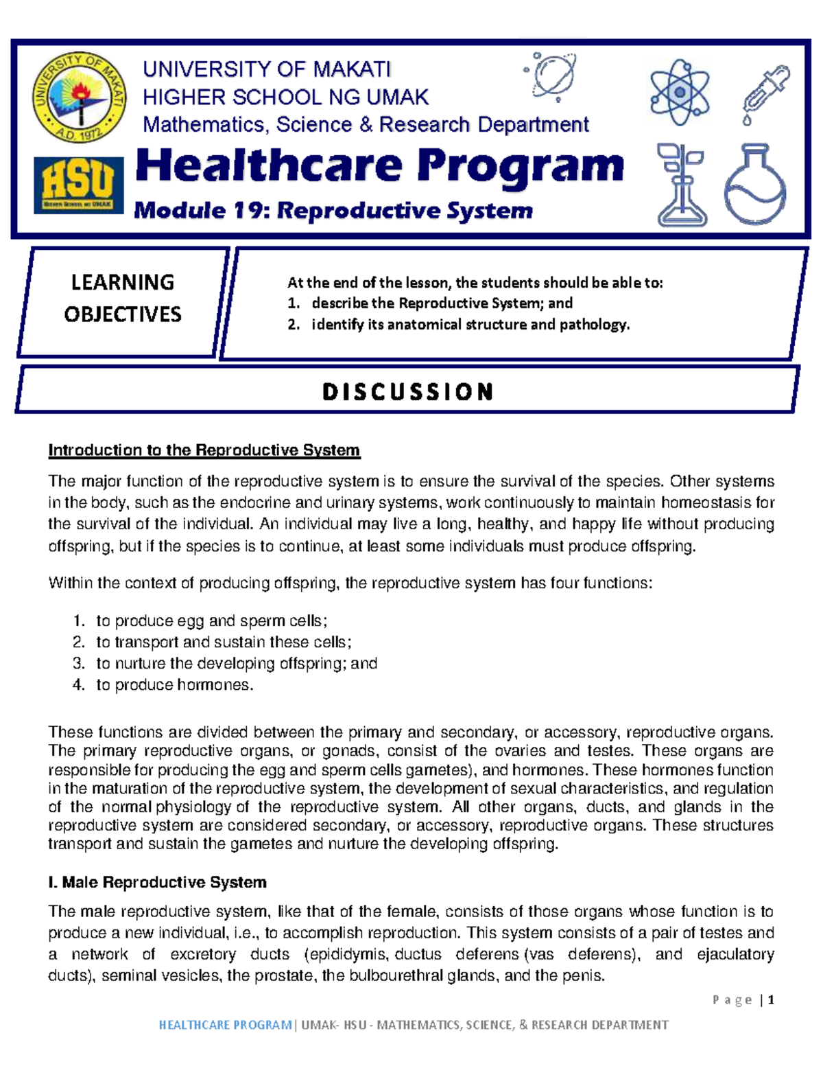 HCP Module 19 Reproductive System - P a g e | 1 Introduction to the Reproductive System The ...