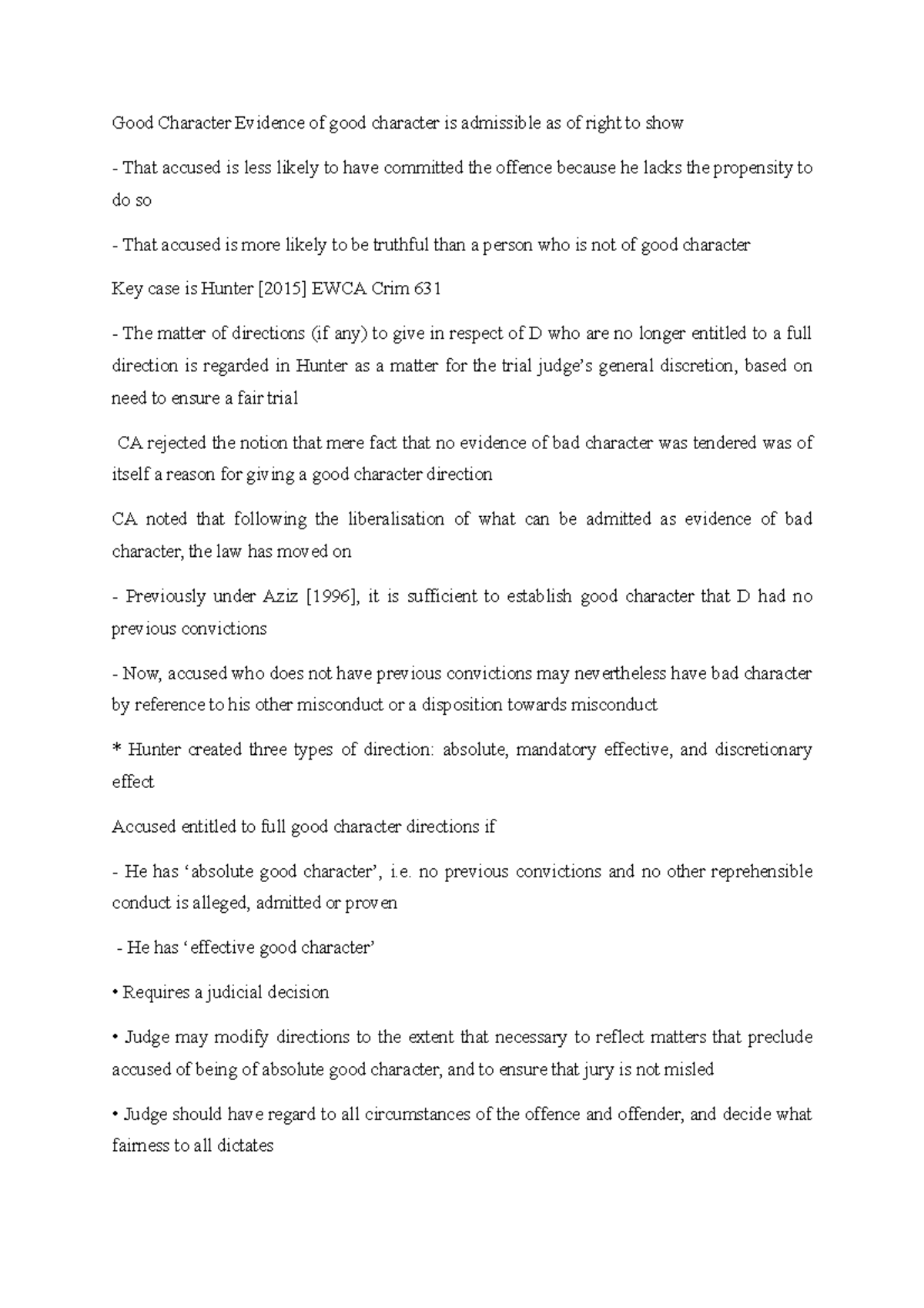 Character Evidence - lecture notes - Good Character Evidence of good ...