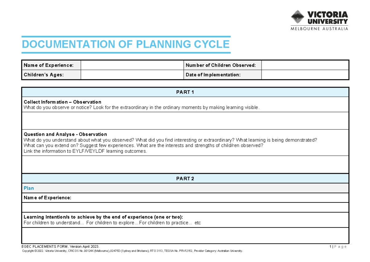 ECE6009 Documentation of Planning Cycle Template - Copyright © 2022. Victoria University, CRICOS ...