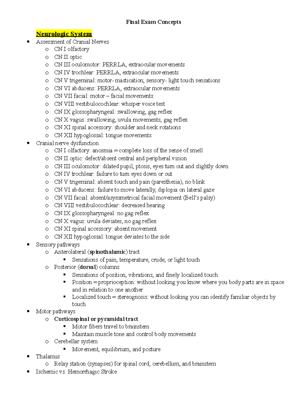 Final Exam Concepts - Final Exam Concepts Neurologic System Assessment ...