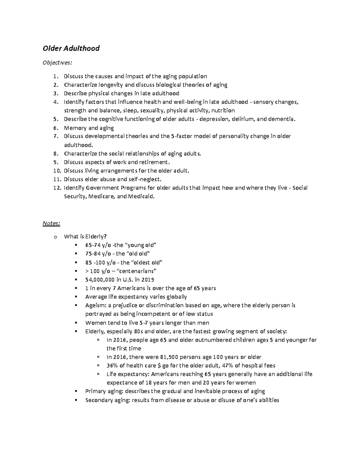 Lifespan-Older Adulthood - Older Adulthood Objectives: 1. 2. 3. 4. 5. 6 ...