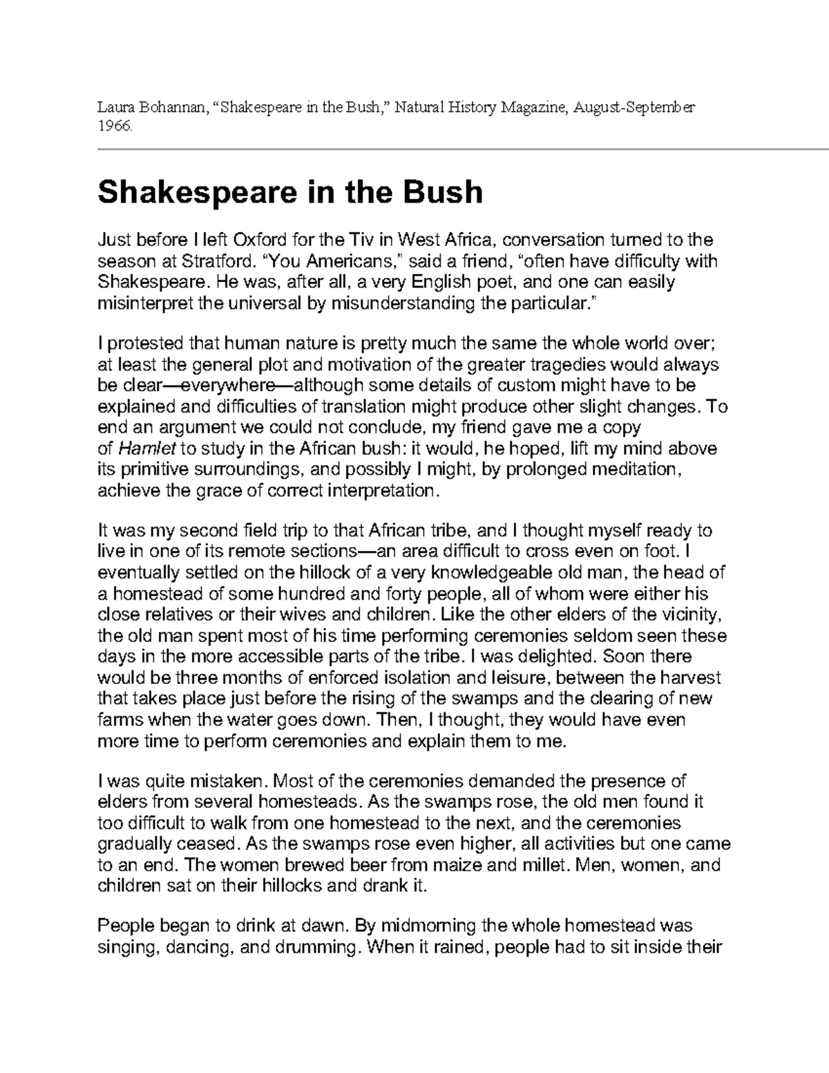 Bohannan-Shakespeare - Laura Bohannan, “Shakespeare in the Bush ...