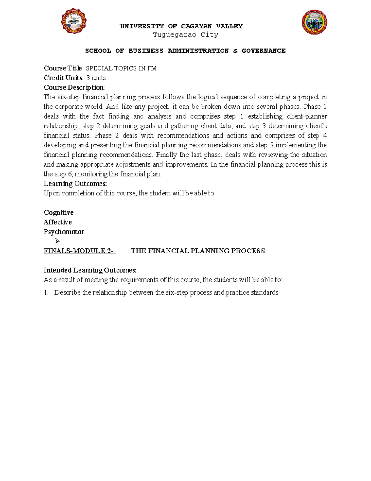 Course Title: SPECIAL TOPICS IN FM - Tuguegarao City SCHOOL OF BUSINESS ...