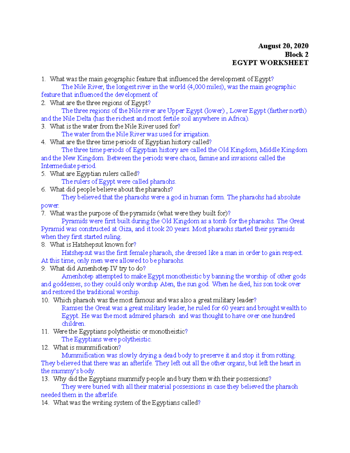 Egypt and Gift of the Nile Worksheet - August 20, 2020 Block 2 EGYPT ...