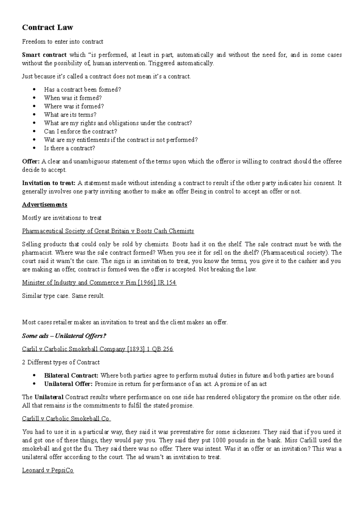 Contract law lectue notes - Contract Law Freedom to enter into contract ...