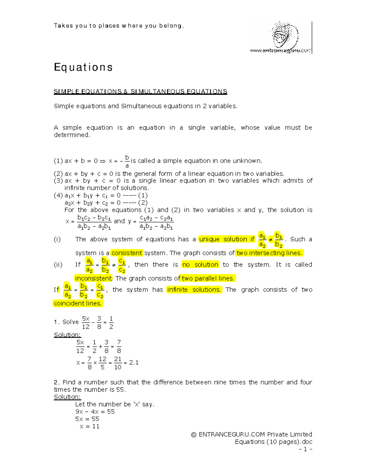 Equations Q&A - mathematics aptitude notes - © ENTRANCEGURU Private ...