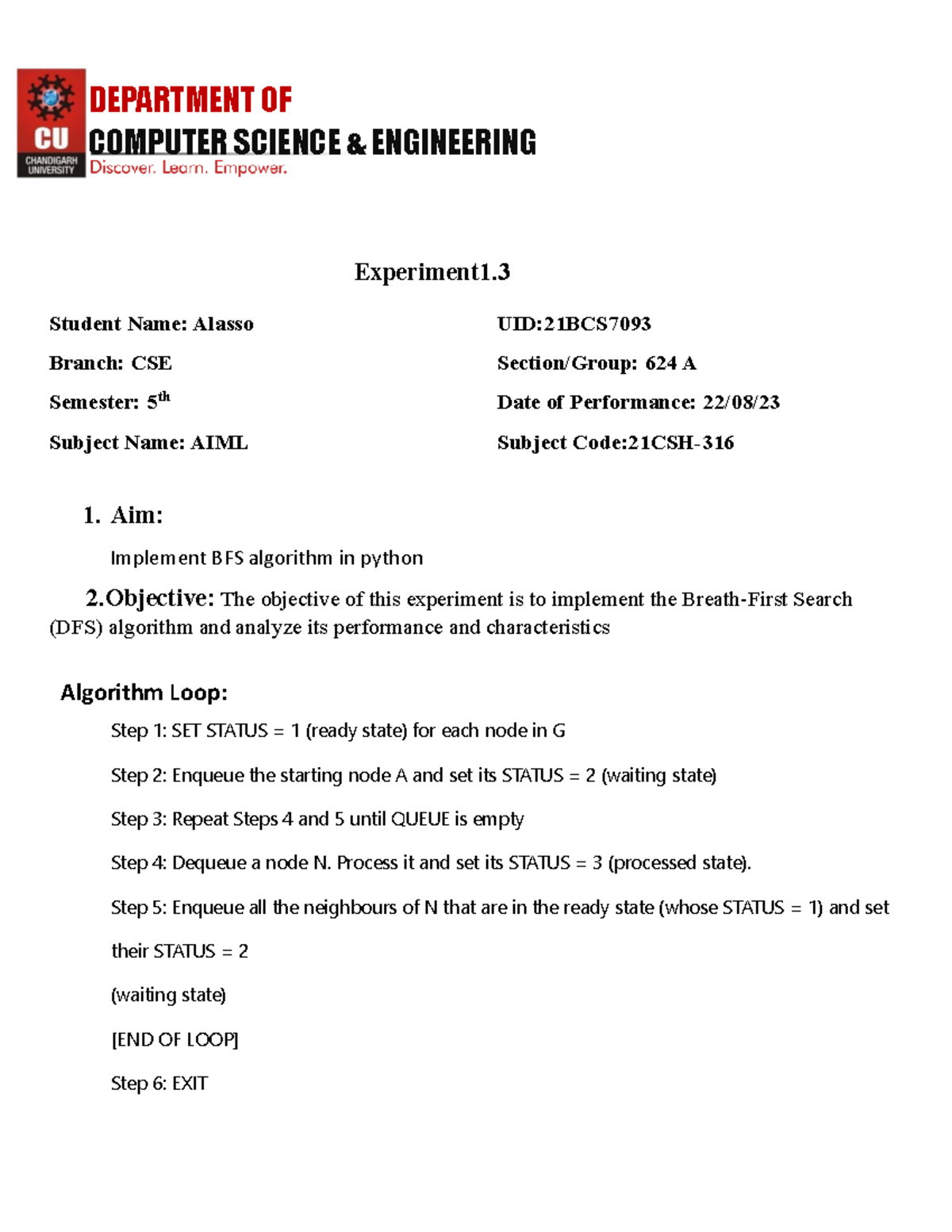 AIML Worksheet 3 - Alasso - DEPARTMENT OF COMPUTER SCIENCE & ENGINEERING Experiment1. 3 Student ...