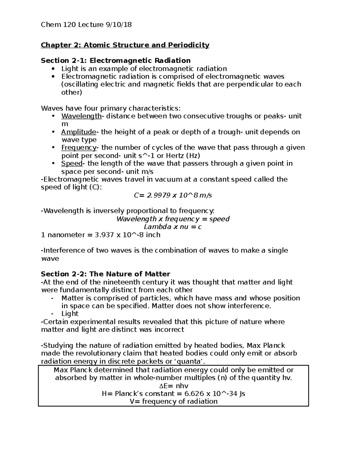 Chem 120 Lecture 9-10-18 - Chem 120 Lecture Chapter 2: Atomic Structure ...