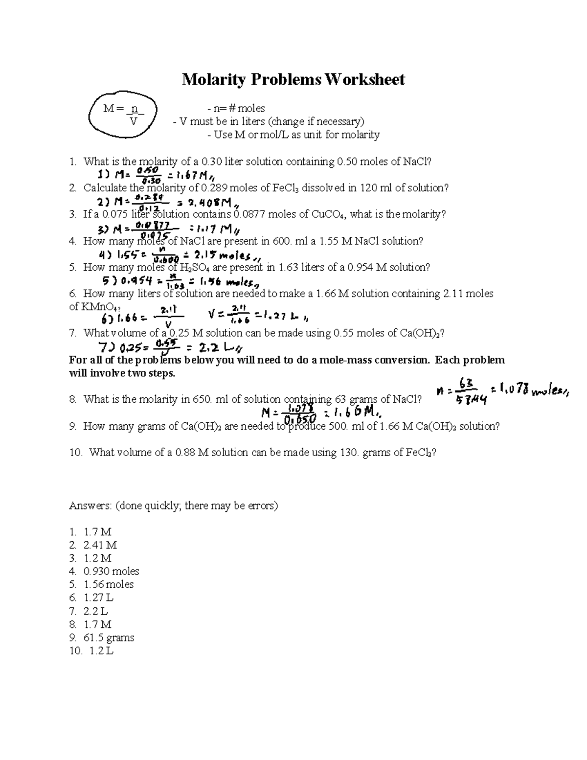 2.2.1e Molarity and dilution WS1 - Molarity Problems Worksheet M = n ...