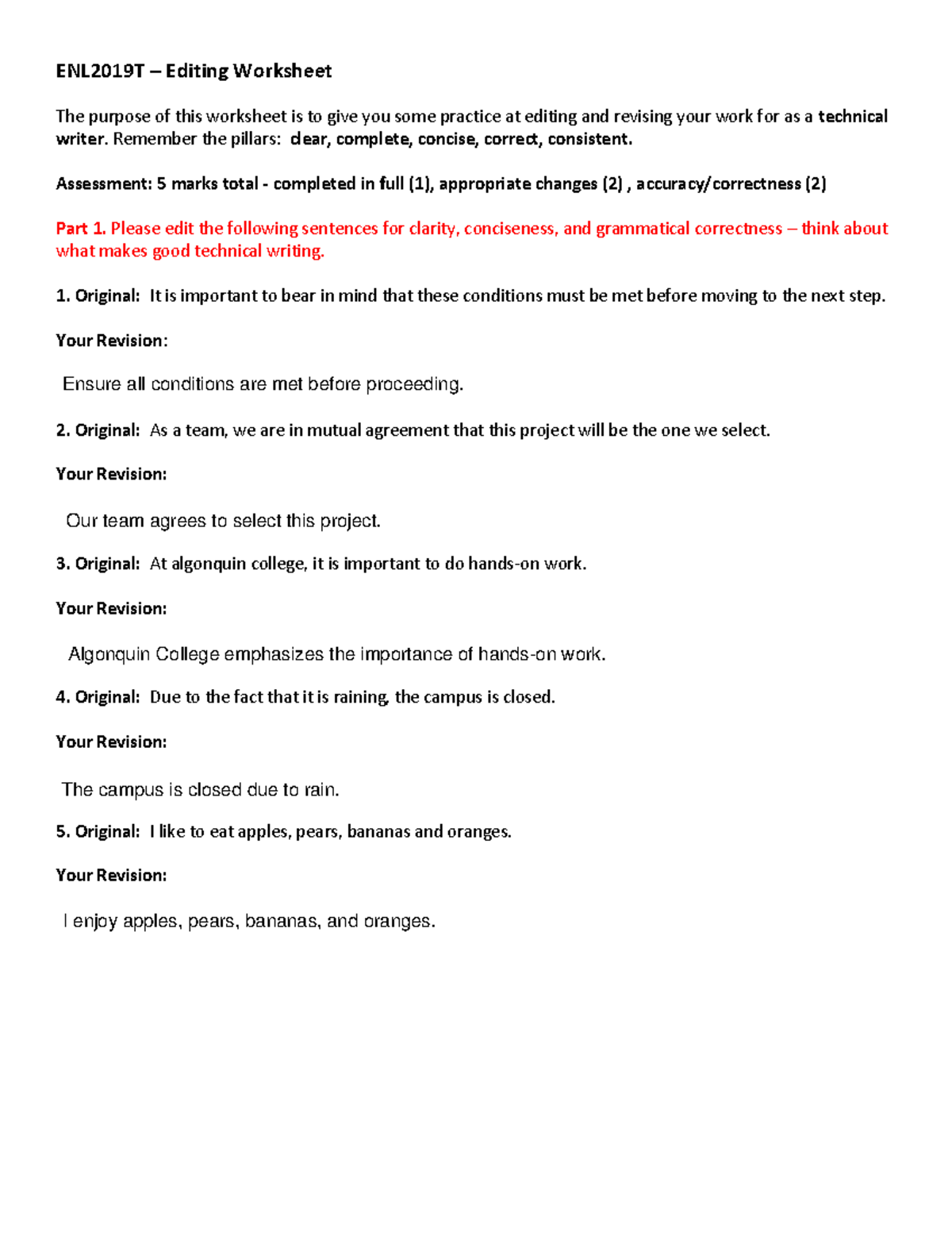 Technical Writing - Editing Worksheet (1) - ENL2019T – Editing ...