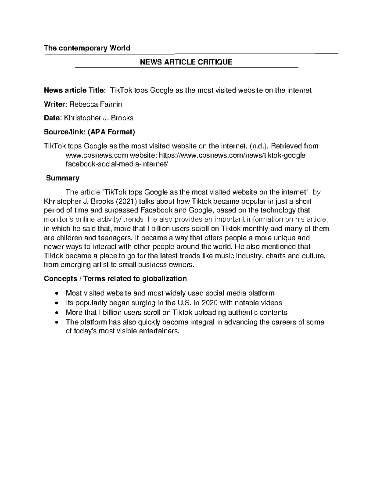 The Contemporary World - News article Critique 3 - The contemporary ...