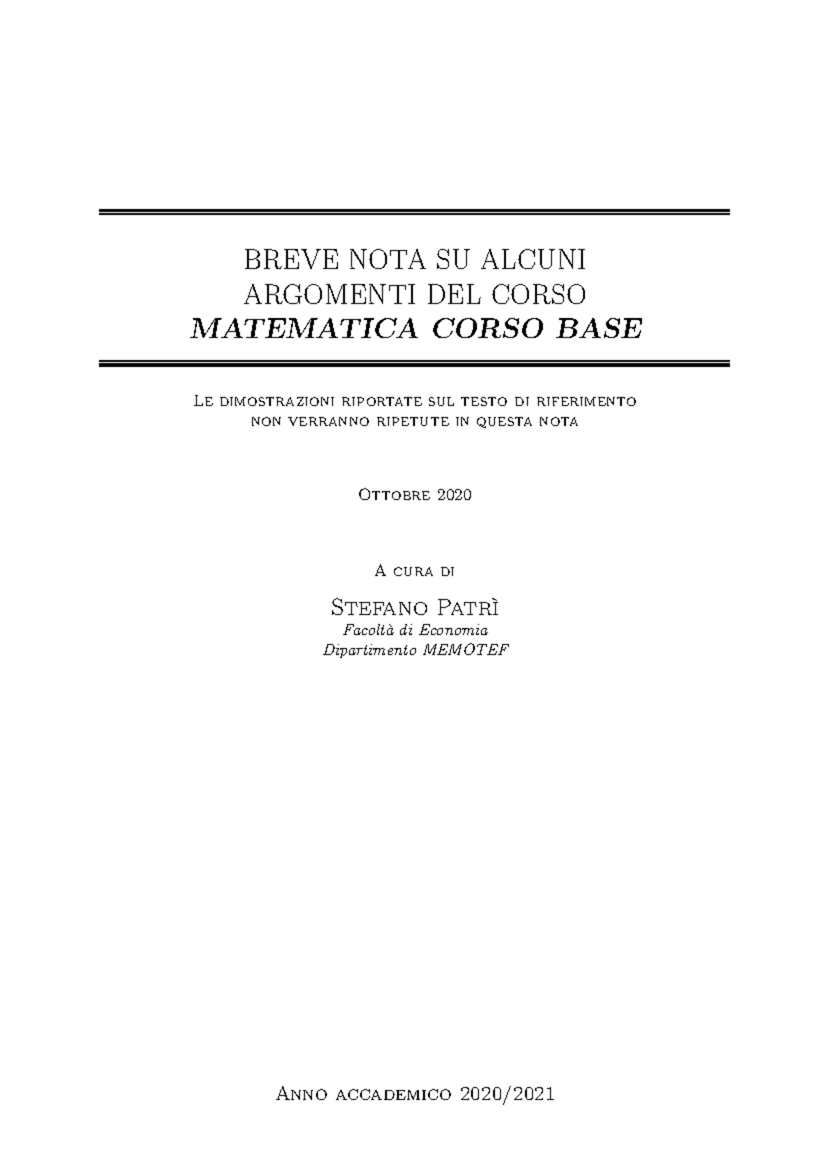 Note per Matematica Corso BASE - BREVE NOTA SU ALCUNI ARGOMENTI DEL ...