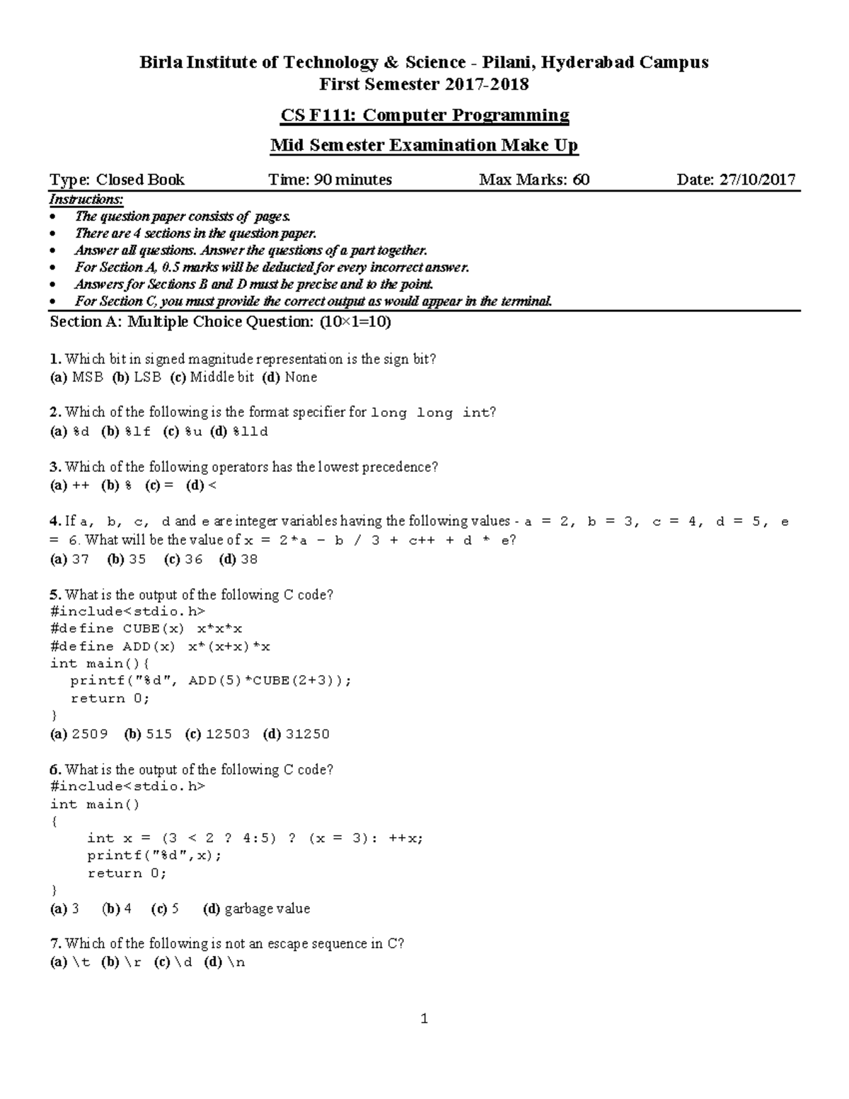 Makeup(2017 ) - Makeup(2017 ) - Computer Programming - BITS Pilani - Studocu