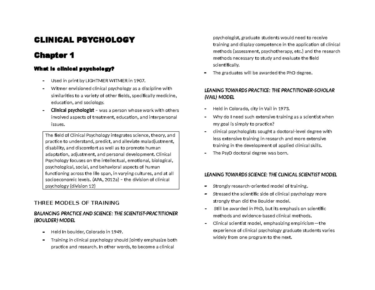 Clinical Psychology Notes - CLINICAL PSYCHOLOGY Chapter 1 What is ...
