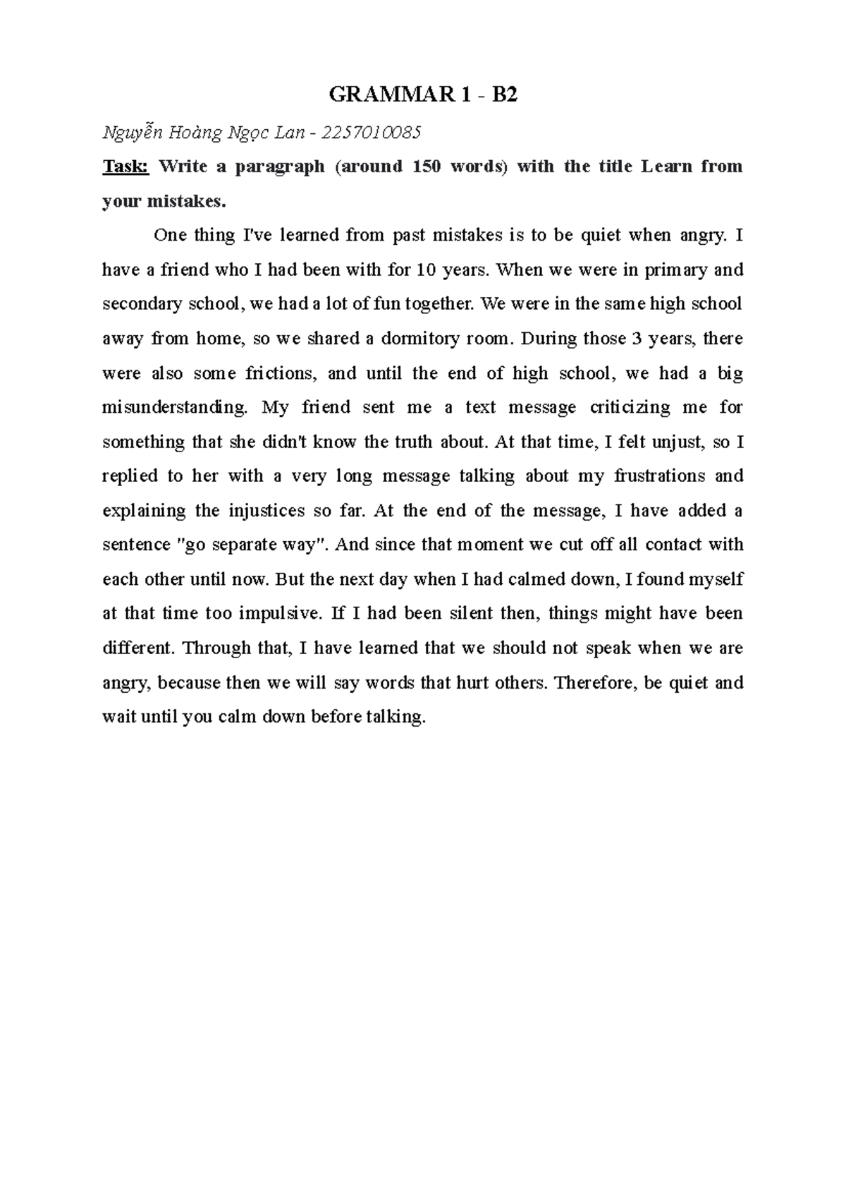 G1 - Writing Practice 3 - grammar b1 - GRAMMAR 1 - B Nguyễn Hoàng Ngọc Lan - 2257010085 Task ...