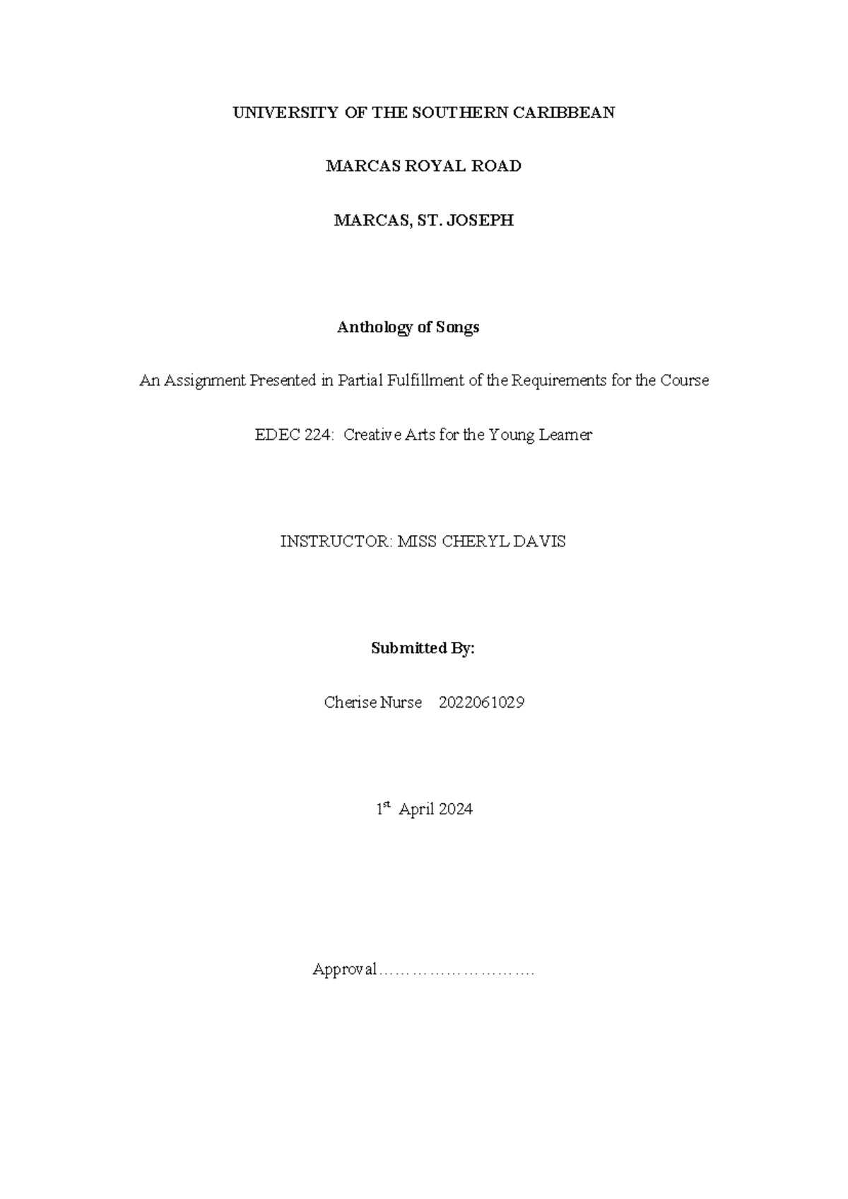 Anthology of Songs - UNIVERSITY OF THE SOUTHERN CARIBBEAN MARCAS ROYAL ...