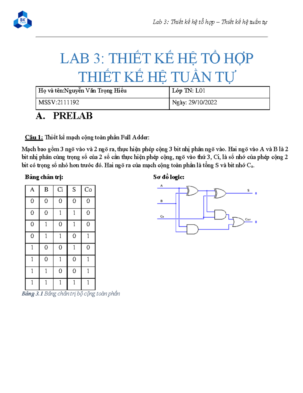 Pre3 - Godd - LAB 3: THI¾T K¾ Hà Tà HþP THI¾T K¾ Hà TU¾N Tþ Họ và tên:Nguyßn Văn Trọng Hi¿u Lớp ...